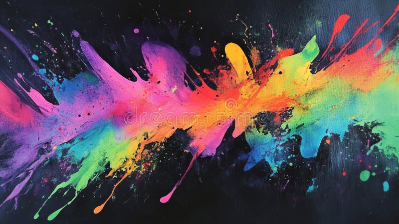 Abstract Expressionist Painting with Rainbow Splashes on Black Canvas ...