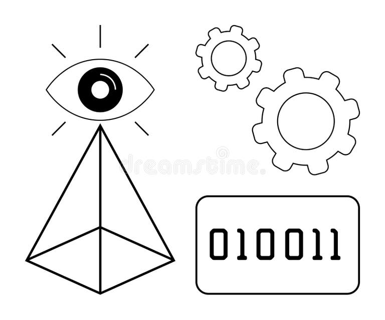 Eye Atop Geometric Pyramid with Binary Code and Gears Representing ...