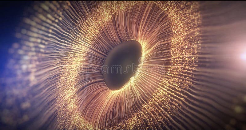 Abstract Eye in Space with Golden Light Particles on Blue Background ...