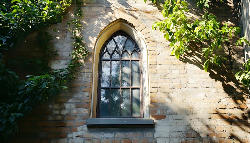 Abstract Facade of Window with Bush Greenery. Gothic Window Brick Wall Sunny Lighting Stock ...