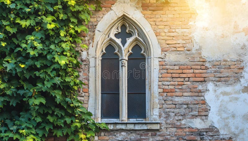 Abstract Facade of Window with Bush Greenery. Gothic Window Brick Wall Sunny Lighting Stock ...