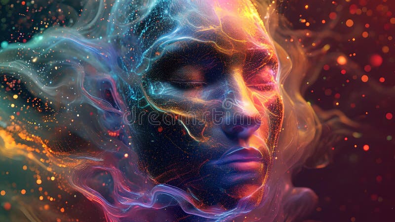 An Abstract Face Composed of Quantum Particles, with Colors Changing ...