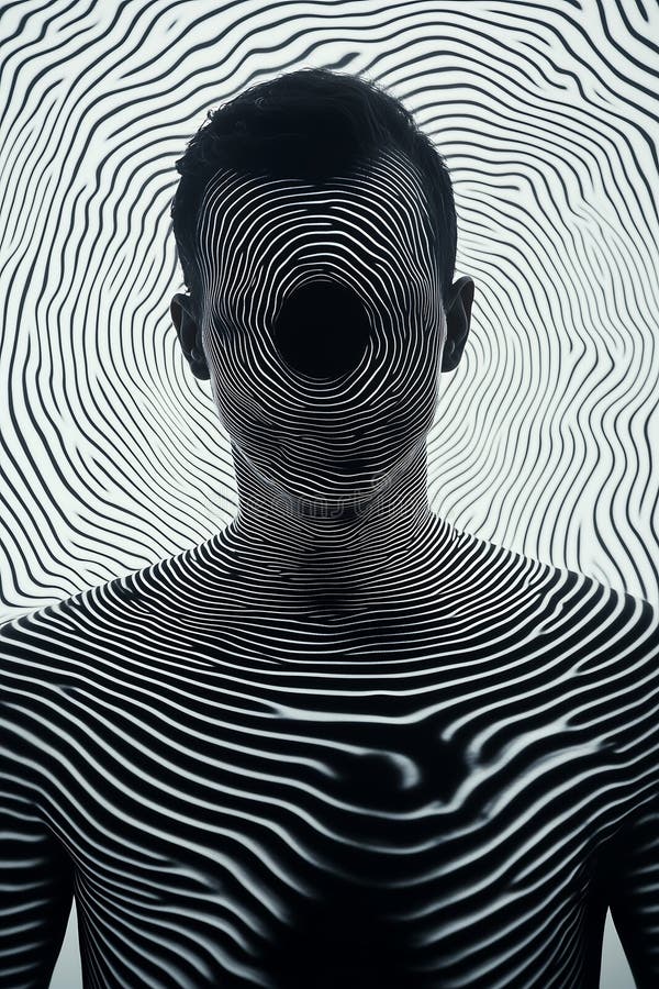 Abstract Faceless Figure with Black Void and Swirling Striped Patterns ...
