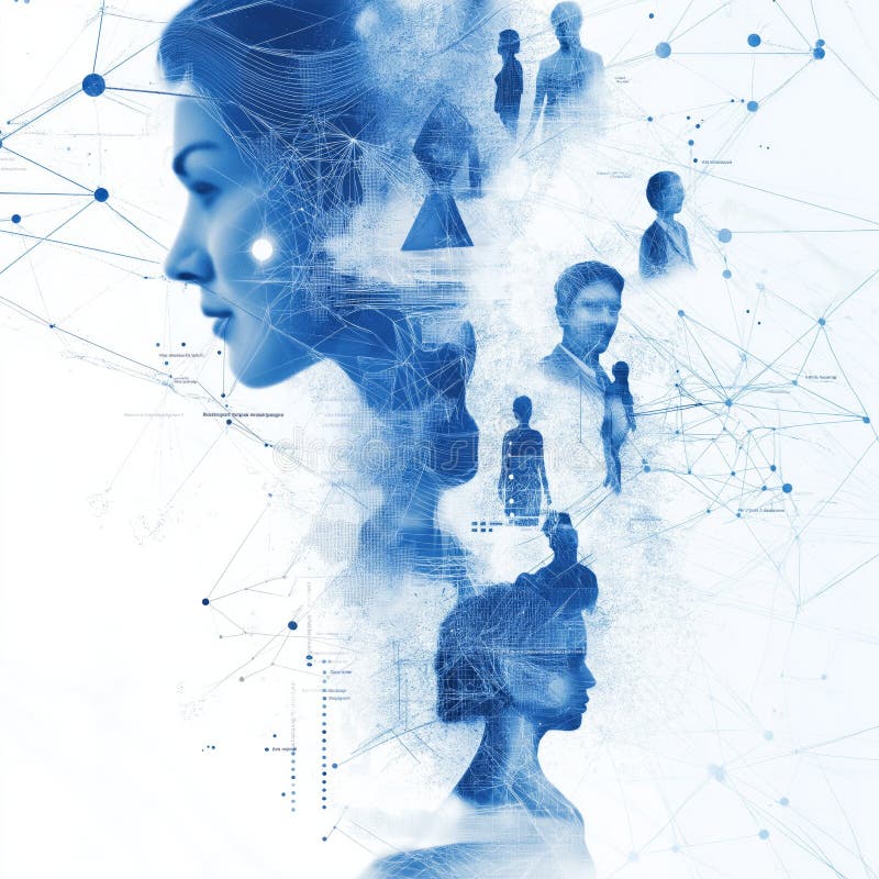 Digital Connectedness: Abstract Faces with Network Lines and Blue Tones ...