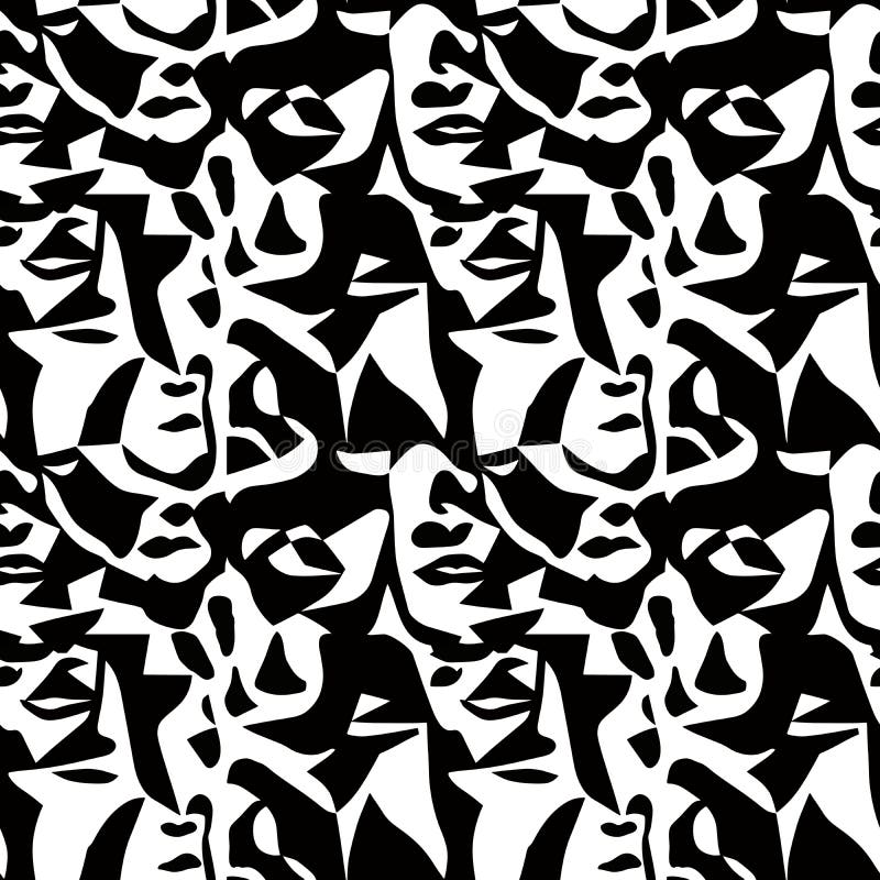 Abstract Faces Masks and Geometric Black and White Shapes Repeating ...