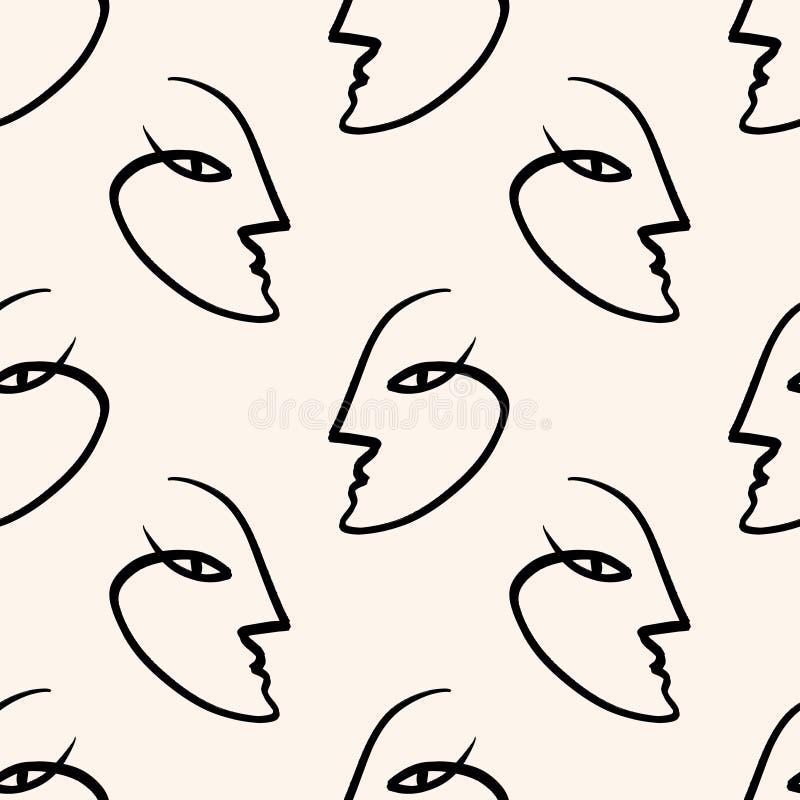 Abstract Faces Seamless Pattern. Modern Minimal Art. Continuous Line ...