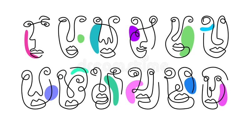 Abstract Faces Set in Line Art Style, Seamless Pattern Background Stock ...