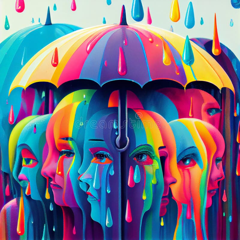 Abstract Faces with Umbrellas and Pouring Rain. Generative AI Stock ...