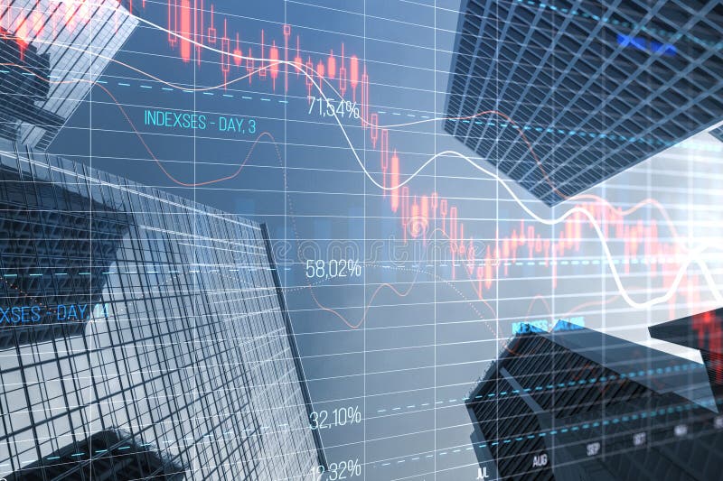 Abstract Falling Red Crisis Forex Chart Grid on Blurry City View ...