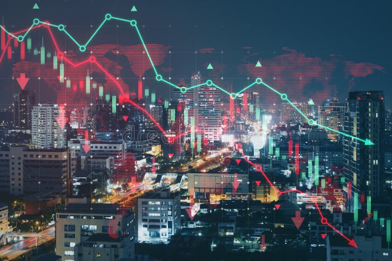 Abstract Falling Red Forex Chart and Map on Blurry Night Background ...