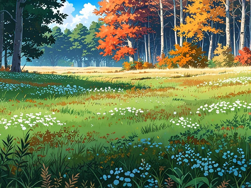 Abstract Fantasy Field with White Blue Plants and Autumn Forest ...