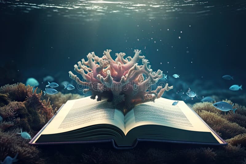 Abstract Fantasy Open Book with Corals and a Lot of Fish Under Water ...
