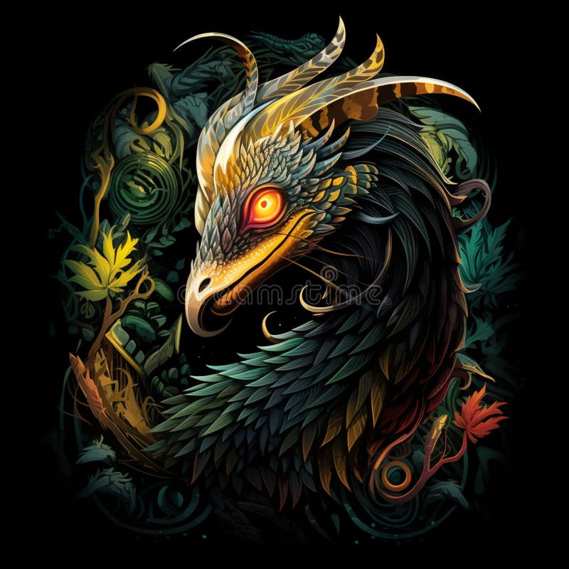 Abstract Feather Dragon Phoenix, Trophical Forest, Black Background ...
