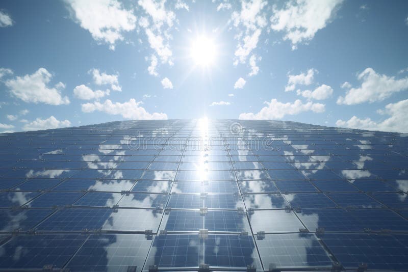 Abstract Field of Solar Panels Stretching Beyond the Horizon, Sun and ...