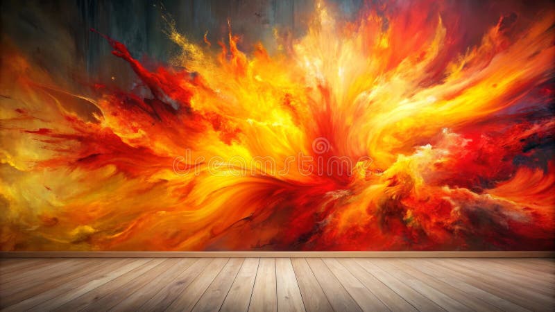 Abstract Fiery Artwork on Wall, Empty Wooden Floor, Interior Design ...