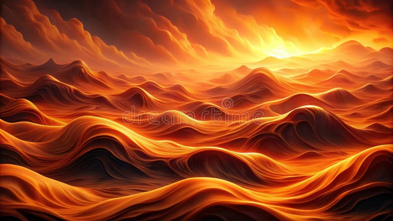 Abstract Fiery Landscape with Undulating Waves at Sunset. Generative AI ...