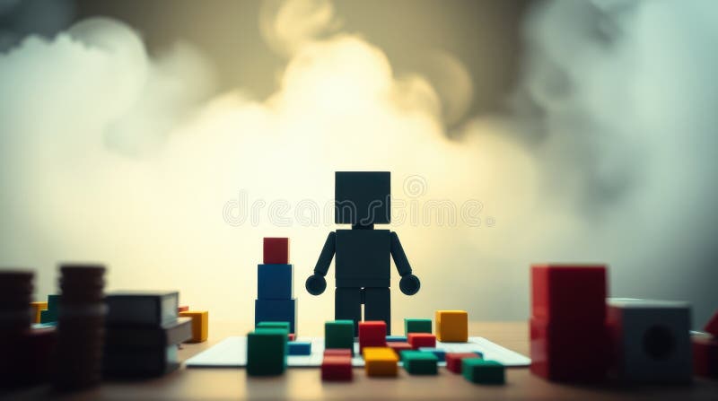 Abstract Figure Contemplating Colorful Blocks Arranged on a Surface. a ...