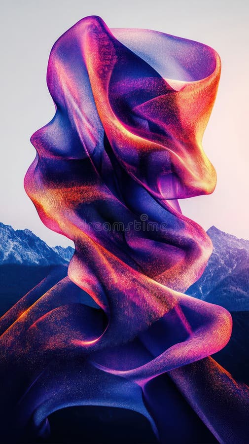 Abstract Figure with Flowing Colors Against a Mountainous Backdrop ...