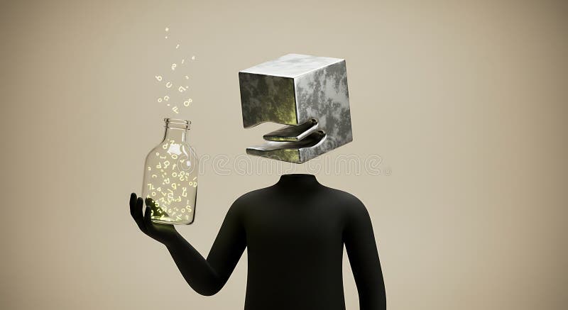 Abstract Figure Holding Bottle with Glowing Letters and Cube Head Stock ...
