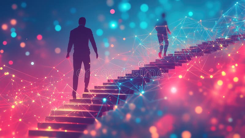 Abstract Figures Ascend Luminous Stairs, Digital Network Backdrop Stock ...