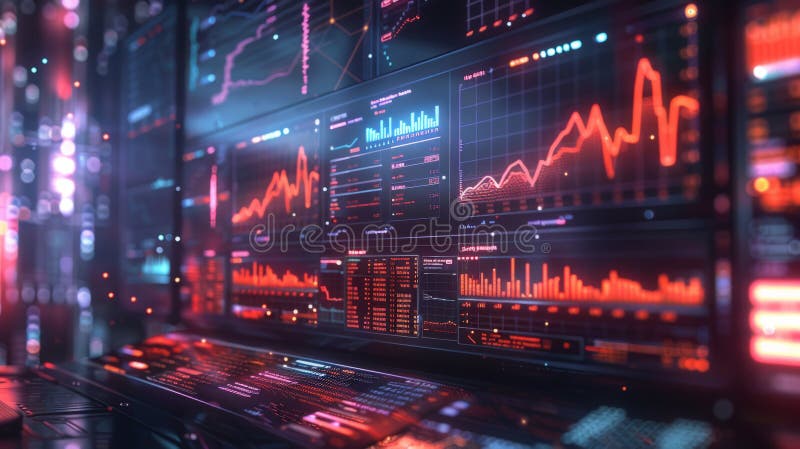 Abstract Financial Charts and Graphs Shimmer Across Multiple Computer ...