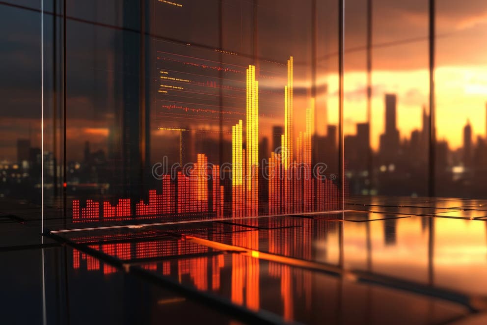 Financial Data Visualization Modern Cityscape Sunset Business Graph Red ...
