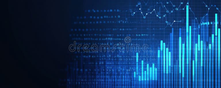 Abstract Financial Data Visualization Blue Bar Graph Line Chart and Binary Code Background Stock ...