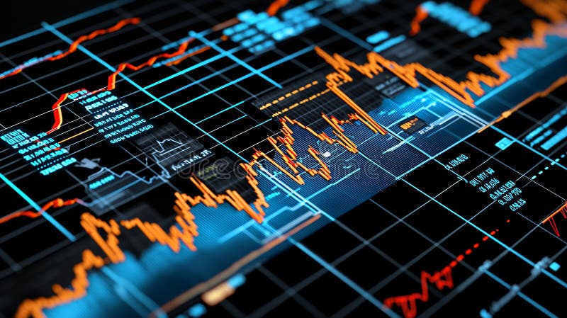 Abstract Financial Data Visualization Blue and Orange Charts on Dark Grid Stock Illustration ...