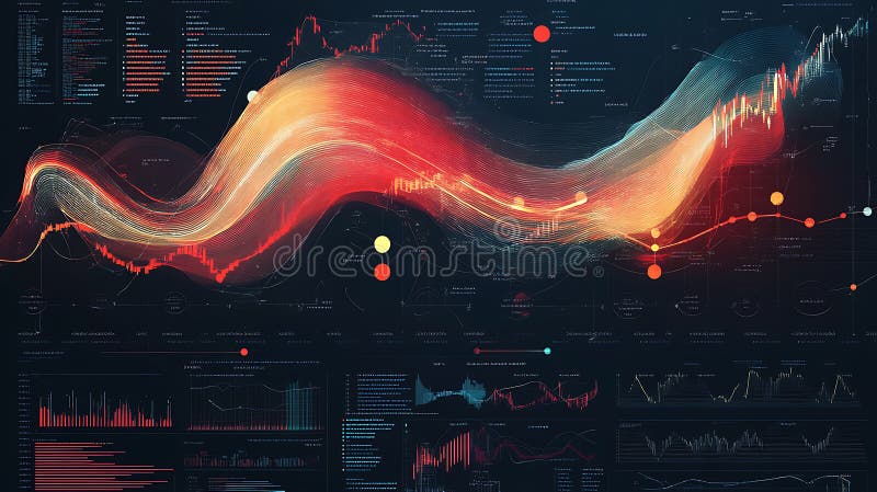Abstract Financial Data Visualization with Glowing Lines and Charts Depicting Market Trends and ...