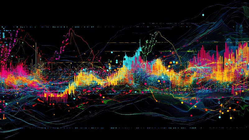 Abstract Financial Market Graph in Bright Neon Colors Against Black ...