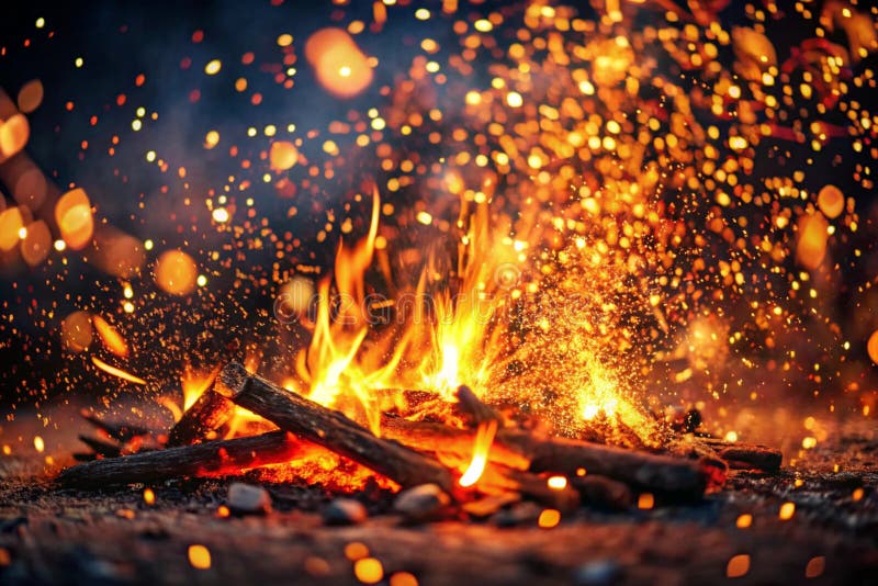 Abstract Fire Embers and Sparks with Glitter Over Black Background ...