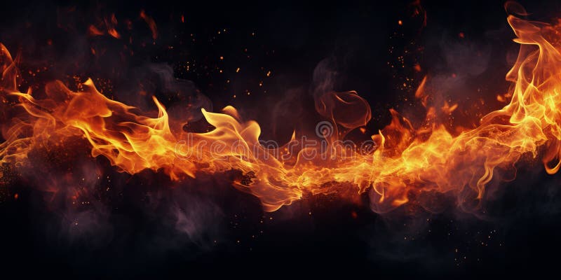 Abstract Fire Flame and Particles on Black Background. Wide Template or ...