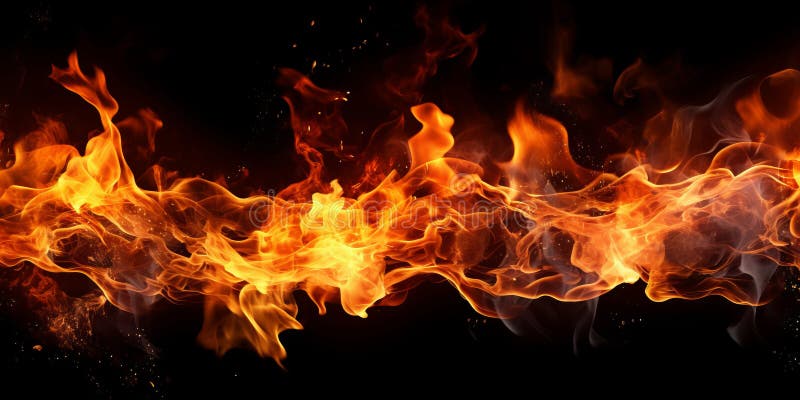 Abstract Fire Flame and Particles on Black Background. Wide Template or ...