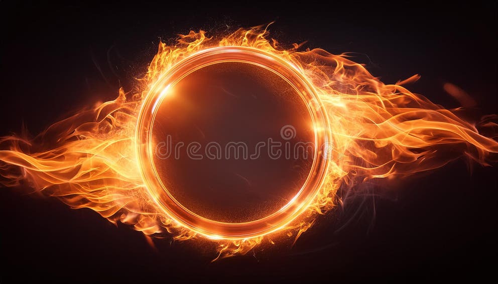 Abstract Fire Round Shape with Bright Orange Flames on Black Background ...