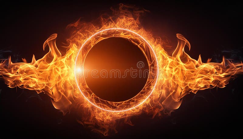 Abstract Fire Round Shape with Bright Orange Flames on Black Background ...