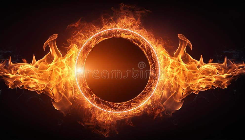 Abstract Fire Round Shape with Bright Orange Flames on Black Background ...