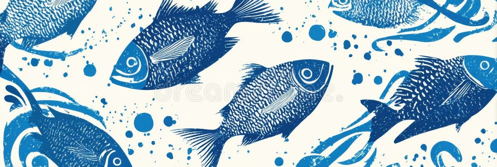Abstract Fish Pattern Design with Blue Marine Elements on White ...