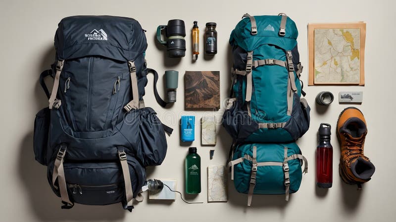 Abstract Flat Lay of Hiking Gear: Backpack, Boots, and Map Stock Photo ...