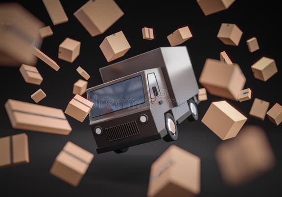 Abstract Floating Courier Bus and Packages Around Stock Illustration ...