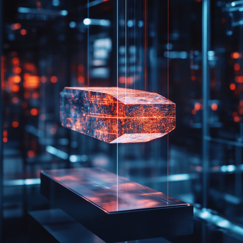 Abstract Floating Crystal Structure with Glowing Red and Blue Particles ...