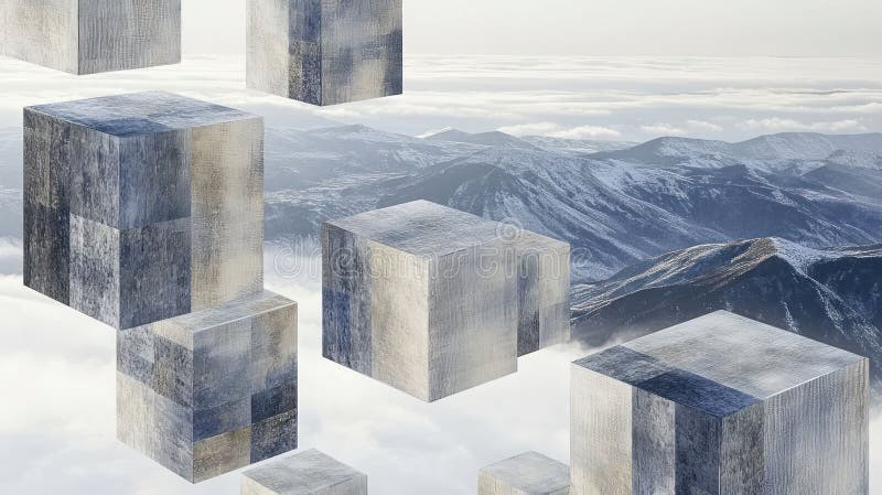 Abstract Floating Cubes Above a Mountainous Landscape, Creating a ...