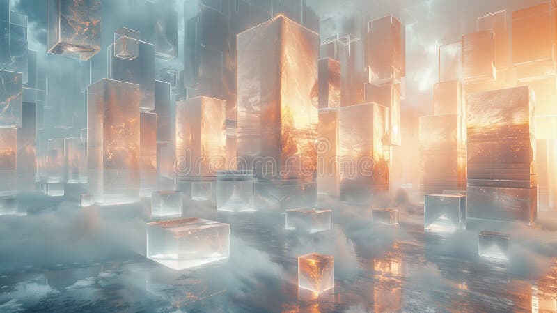 Abstract Floating Glass Structures in a Glowing Ethereal Landscape ...