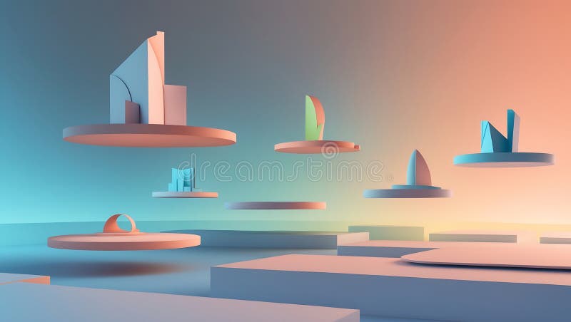 Abstract Floating Shapes and Platforms with Soft Lighting Background ...
