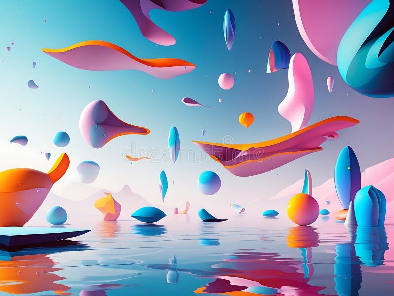 Abstract Floating Shapes Reflecting on Water Surface with Pastel Colors ...