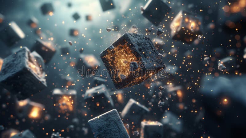 Abstract Floating Stone Cubes with Glowing Cores Stock Photo - Image of ...