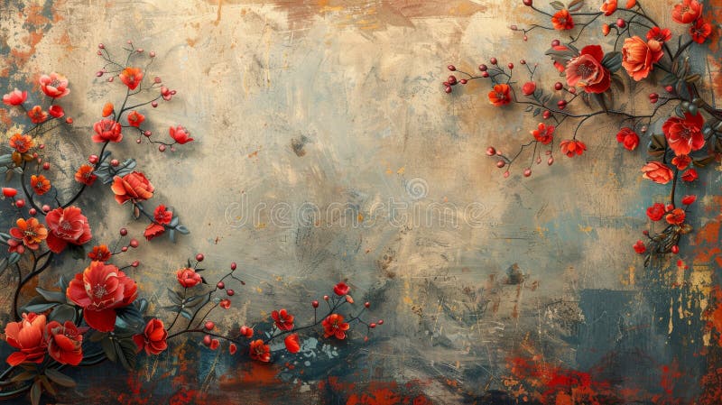 Abstract Floral Background with Red Flowers and Branches on a Textured ...