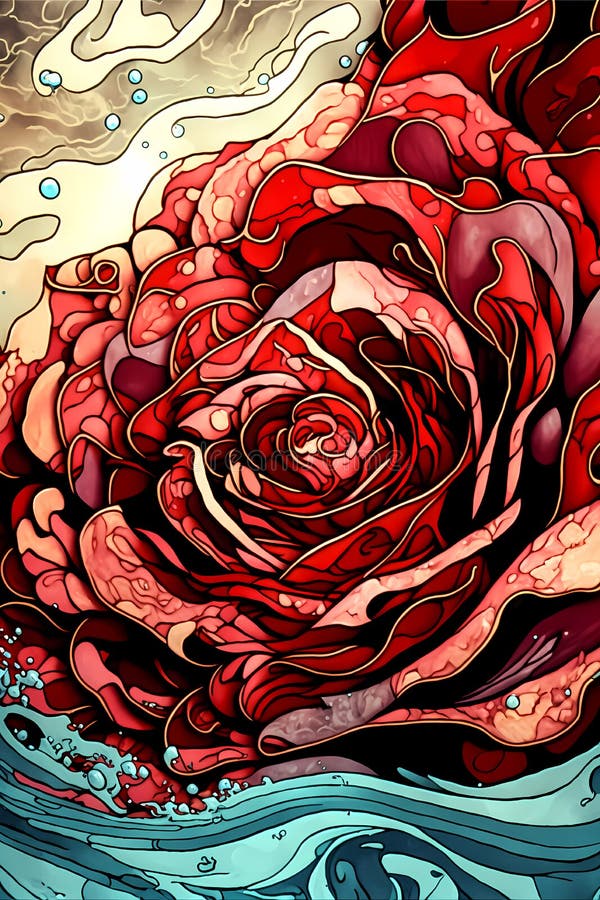 Abstract Floral Background with Red Rose and Waves Stock Illustration ...