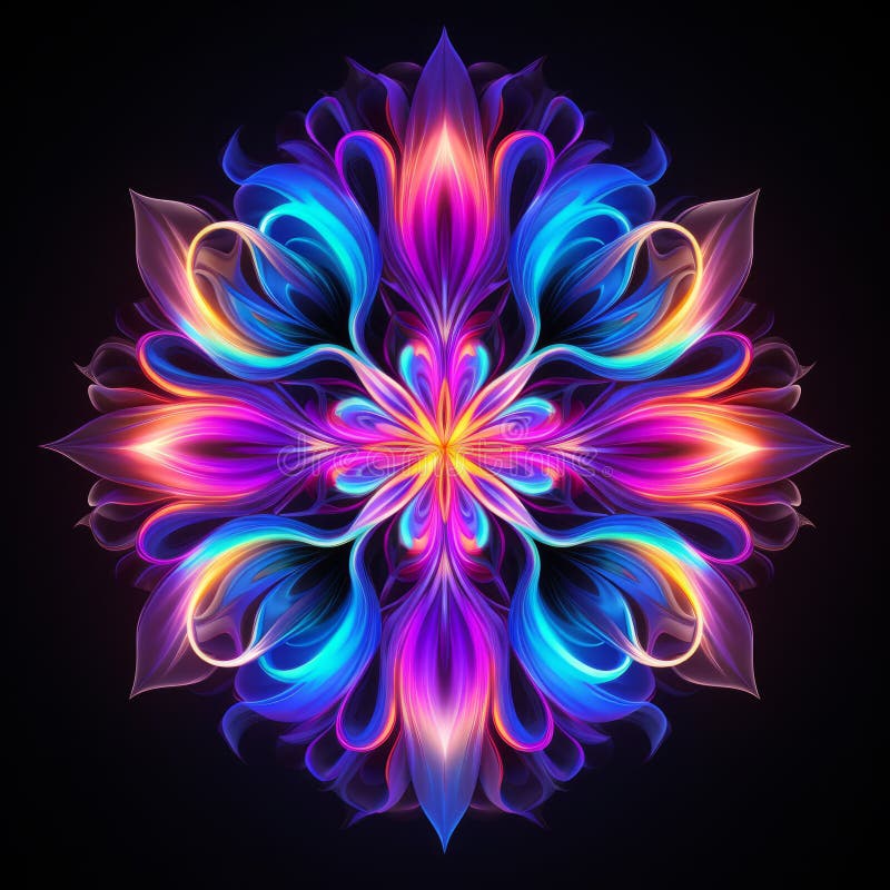 Vibrant Neon Abstract Flower Mystic Symbolism with Symmetrical Balance ...