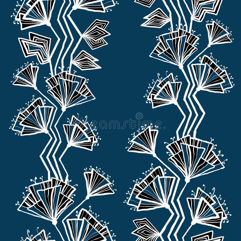 Abstract Floral Linear Pattern in White and Black on Blue Background ...