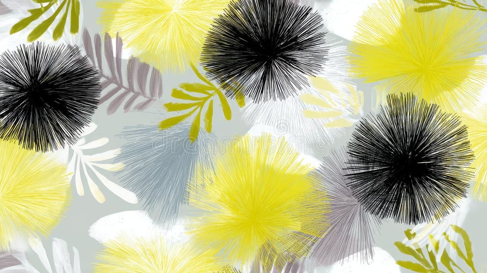 Abstract Floral Pattern with Yellow and Black Burst Designs on Gray ...